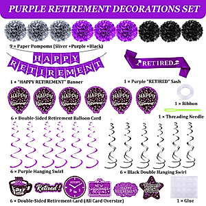 Retirement Decorations Women Purple Happy Retirement Party Decorations Female (52pack) Happy Retirement Banner Gifts, Retirement Decor Double-Sided Pattern Card, Pompoms Hanging Swirl Retired Sash Set