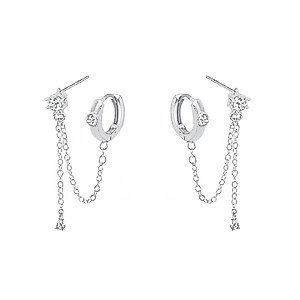 Cute Teardrop CZ Charm Threader Chain Cuff Dangle Drop 925 Sterling Silver Small Hoop Round Cubic Zirconia Stud Double Piercing Cartilage Earrings for Women Dainty Huggie Hoops Short Tassel Dangling Two Holes Climber Crawler Hypoallergenic Jewelry Gifts B