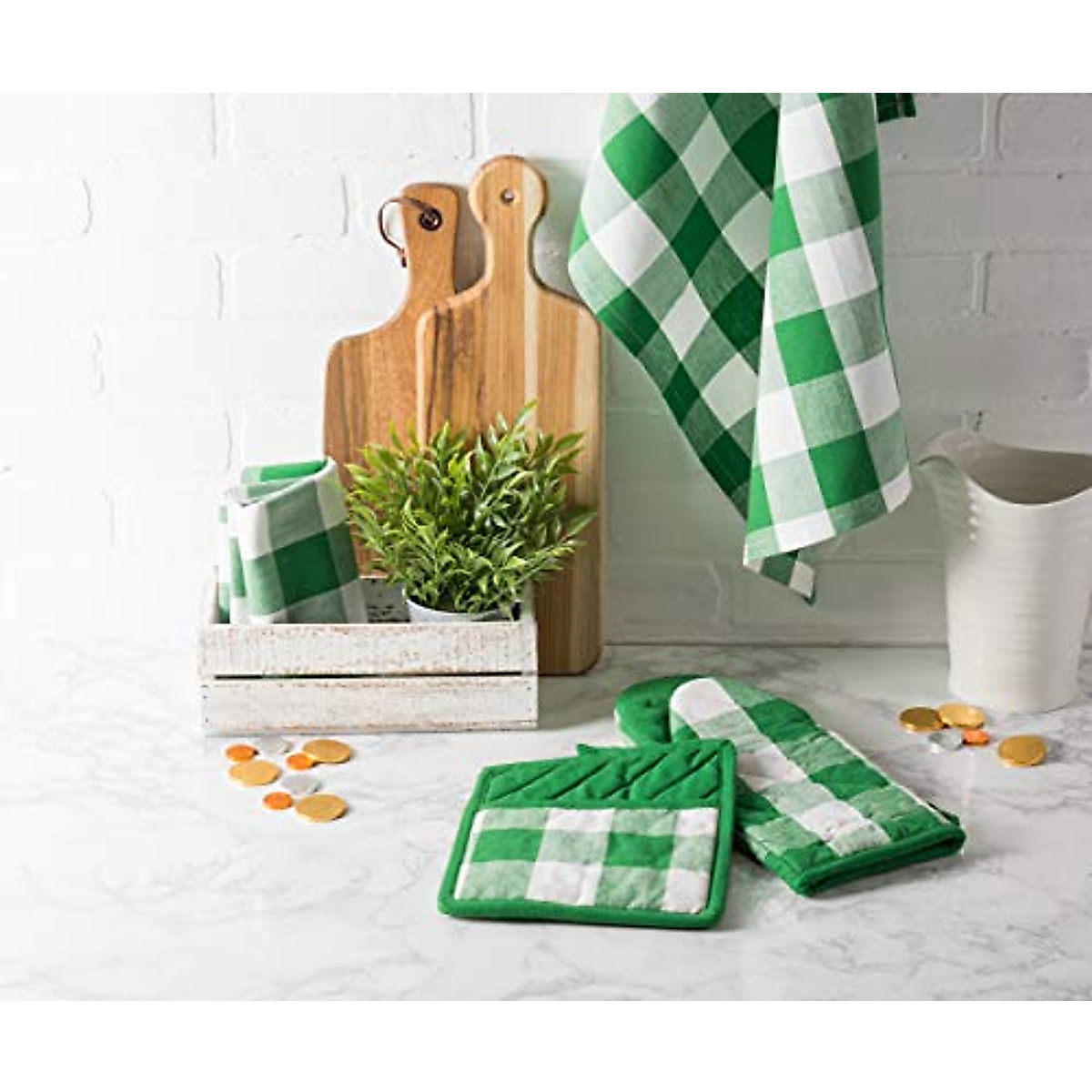 DII Buffalo Check Kitchen Collection, Classic Farmhouse Dishtowel Set, 20x30, Green & White, 3 Piece