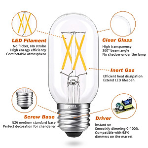 AIELIT 40 Watt Equivalent LED Bulb, E26 Base, Energy Efficient 4W, Soft Warm White 3000K Dimmable 400lm Tubular T14 T45 Edison LED Light Bulbs for Pendant Sputnik Vanity Chandeliers Ceiling, 4 Pack