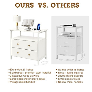 Edbuosy 27 inch Wide Nightstand with Charging Station, Bedside Table with Open Shelf, 2 Drawers Small Wood Dresser, End Side Table for Bedroom (White)