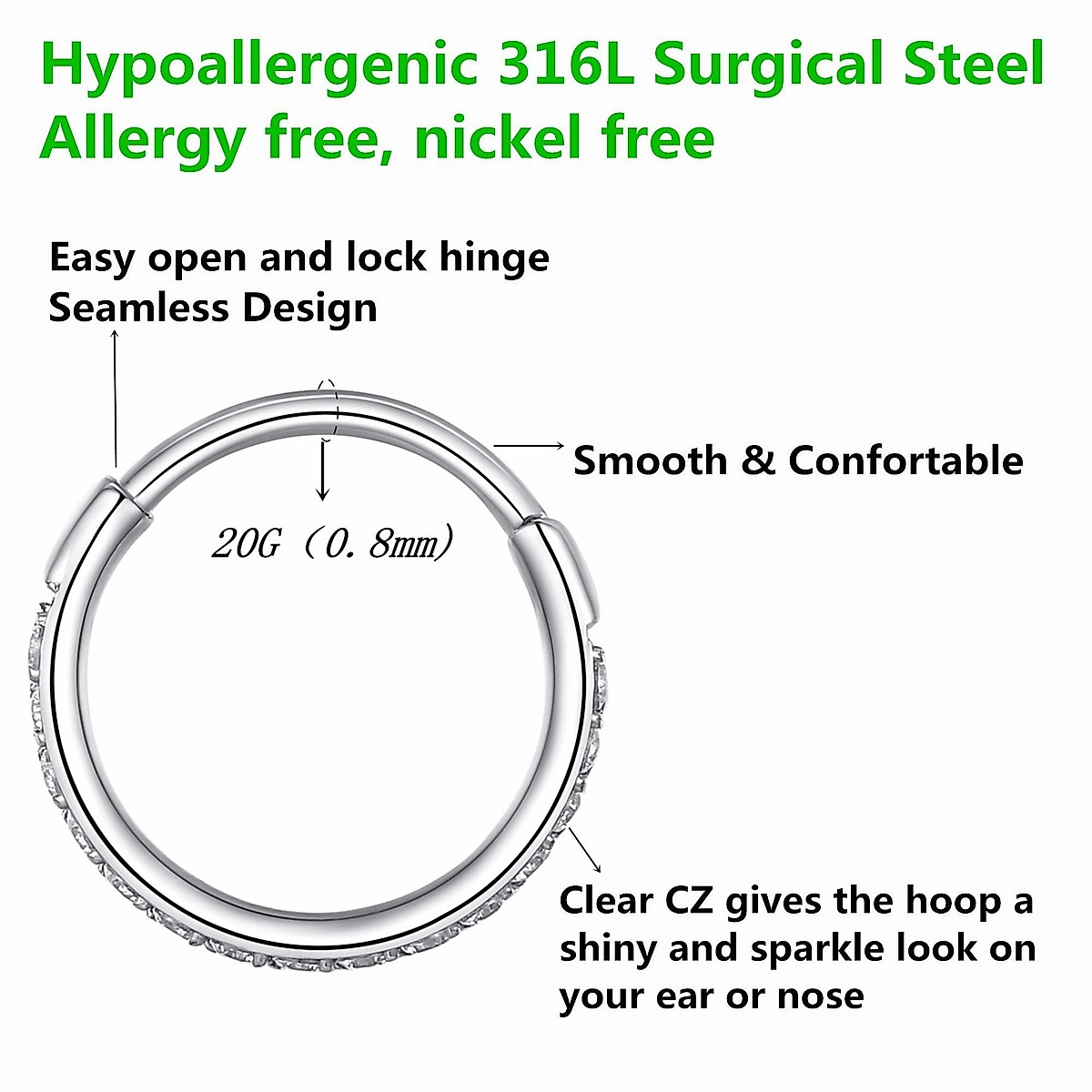 BLESSMYLOVE Clear CZ Silver 20G 8mm Nose Rings Hoop 316L Surgical Steel 20 gauge Cartilage Earrings Conch Daith Helix Rook Tragus Lobe Snug Body Piercing Jewelry Stainless Hinged Segment Lip