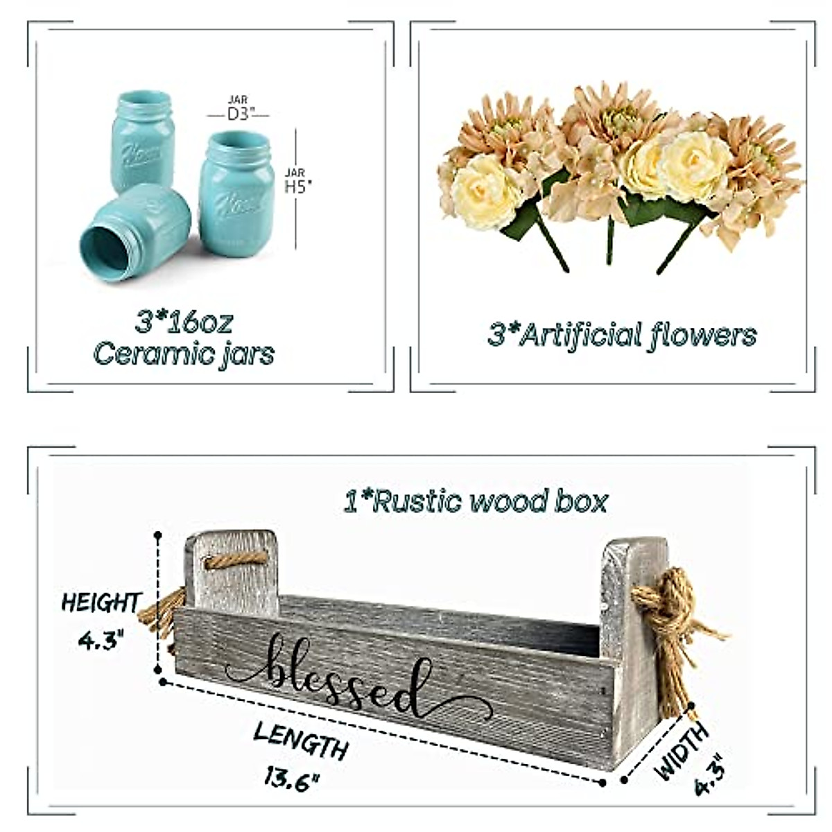 Living Room Table Centerpieces-Besuerte Rustic Decorative Thankful Wood Tray,with Rose Bouquet Flower for Home,Coffee Table Dining Room,Kitchen,New Home Housewarming Gift【3 Blue Jars 】
