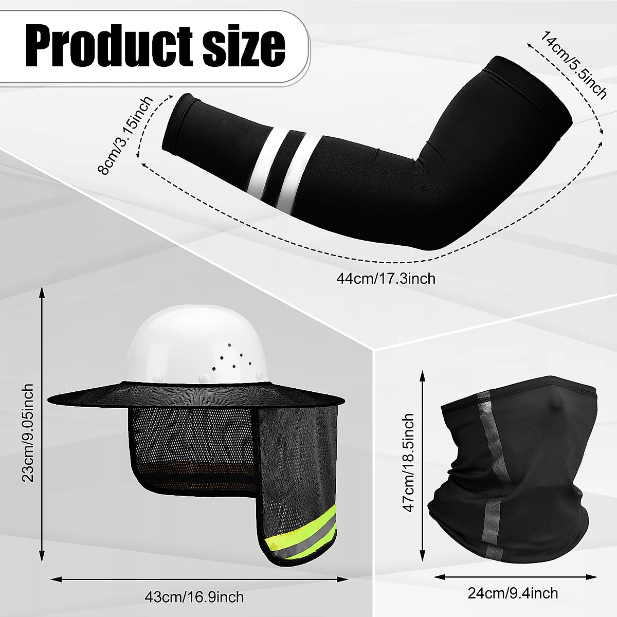 8 Pcs Hard Hat Full Brim Sun Shade Mesh Neck Sun Block Protection Neck Gaiter Bandana Face Scarf with UV Strap Arm Sleeves(Black,Gray)