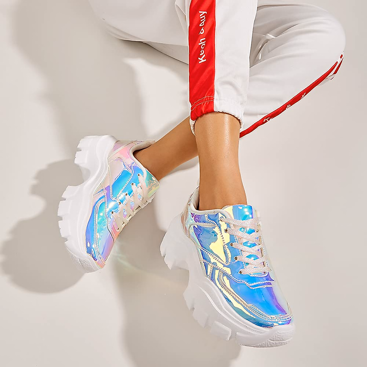 Niluber Women's Chunky Platform Sneakers Lace-Up Casual Fashion Walking Sport Shoes(White Hologram,7)