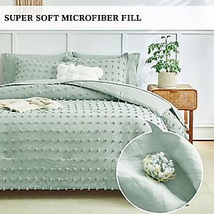 6 Pieces Tufted Dots Bed in a Bag Twin Comforter Set with Sheets Green , Soft and Embroidery Shabby Chic Boho Bohemian Comforters, Solid Color with Pom Pom Design, Jacquard Tufts Bedding Set for Kids