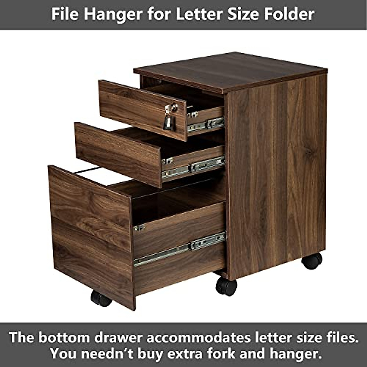 TOPSKY 3 Drawers Wood Mobile File Cabinet Fully Assembled Except Castors (Light Walnut, 16.3x15.7x24.4)