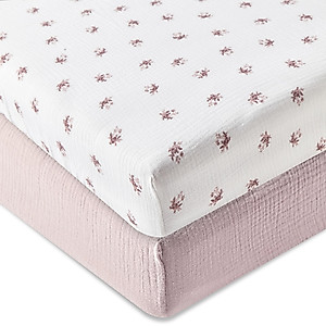 JOHNPEY Muslin Crib Sheets Neutral - Mini Crib Sheets for Baby Boys and Baby Girls - Toddler Bed Sheets, 28"x 52", 2 Pack (Floral & Sand)