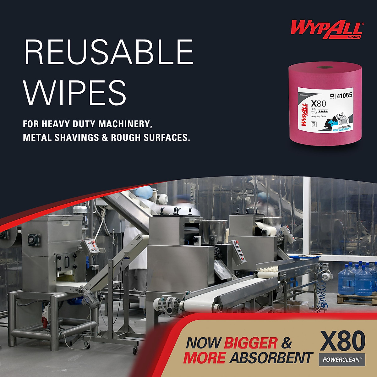 WypAll Power Clean X80 Heavy Duty Cloths (41055), Extended Use Cloths Jumbo Roll, Red, 475 Sheets / Roll; 1 Roll / Case