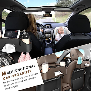 Back of Car Seat Organizer, Trunk Organizer for Car with 2 Drink Cup Holder, Cell Phone Holders, Hooks and Tissue Box, Vehicle Multifunctional Storage Box for Kids and Adults Travel (Brown)