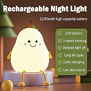 LEDHOLYT Night Light ,Cute Silicone Nursery Pear Lamp for Baby and Toddler,Fruit NightLight for Boys and Girls,Squishy Kawaii Bedside Night Lamp for Bedroom, Kids Room (Pear)