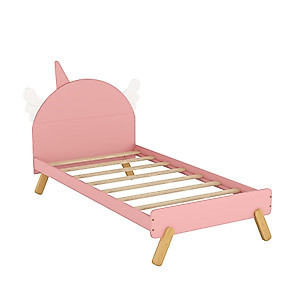 Lifeand Twin Size Bed with Shelf Behind Headboard,Wooden Cute Platform Bed with Curved Headboard,Pink
