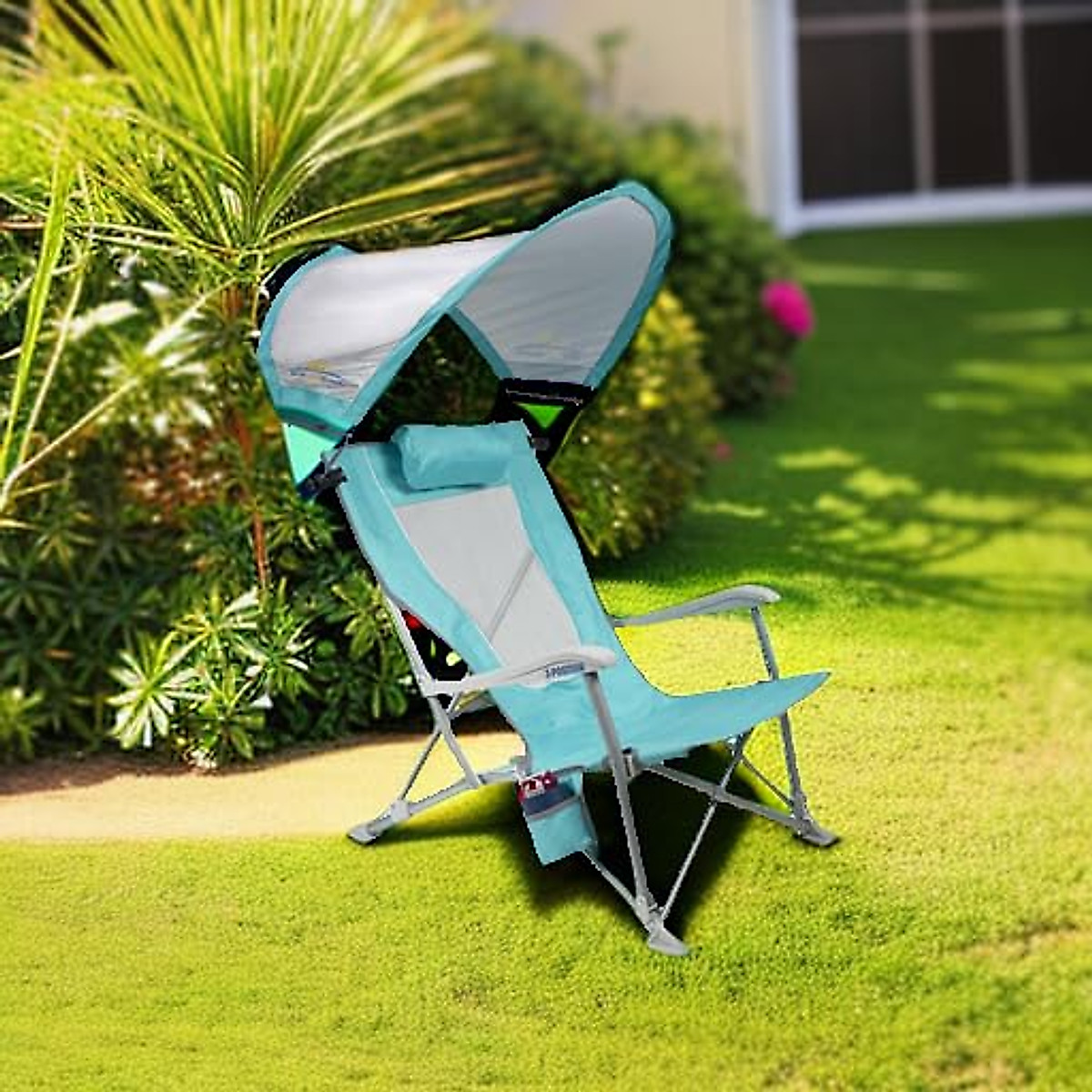 GCI Outdoor Sunshade Recliner Beach Chair | Collapsible Folding Canopy Shade Chair with Durable Armrests, Drink Holder & Portable Carry Bag, Perfect for Beach Trips & Picnics — Seafoam Green