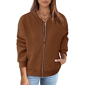 MEROKEETY Womens Fall Zipper Sweatshirt Long Sleeve Running Workout Jacket with Pockets, Brown, Large