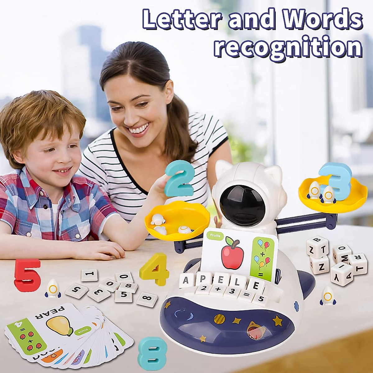 DAZZCOOL 3 in 1 Math Game Toys for Kids 3 4 5 6 7 Year Old, Preschool Learning Activities for Toddlers, Space Balance Learning Toys with Spelling Counting & Reading, Flash Cards Gifts for Boys Girls