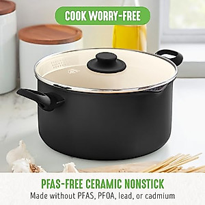 GreenLife 6QT Ceramic Nonstick Stockpot with Glass Straining Lid, PFAS & PFOA-Free, Dishwasher Safe, Stay-Cool Handles, Oven Safe to 350°F, Wobble-Free Base, Even Heating, Black