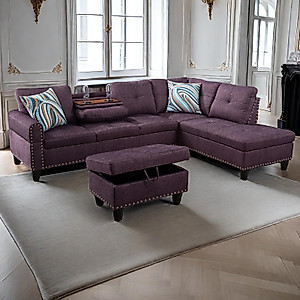 GlasFlength L Shaped Sectional Couch with Storage Ottoman, Modern Nailhead Comfy Lounge Sofa with Reversible Cup Holder & Chaise, 97" 4 Seat Modular Sofá for Living Room Apartment, Ginger