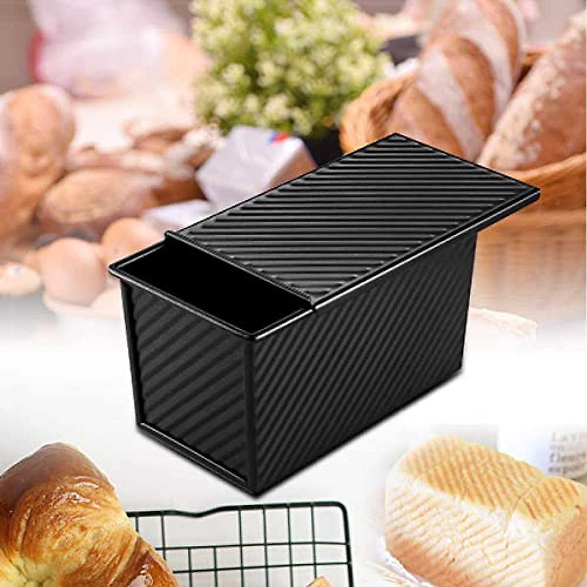 Kofebe Non-Stick Loaf Pan Carbon Steel Corrugated Baking Bread Pan Bread Toast Mold with Cover for Oven-1lb (450g) Black