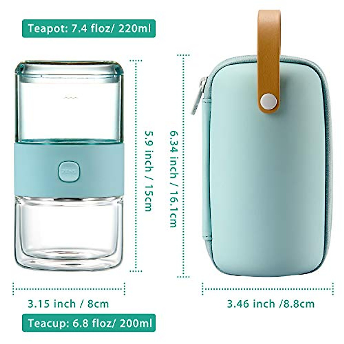 ZENS Travel Tea Set,Tritan Portable Teapot Infuser Set for One with 200ml Double Walled Teacup for Loose Tea,To Go Light Green Travel Case for Office or Homeworking Daily Tea