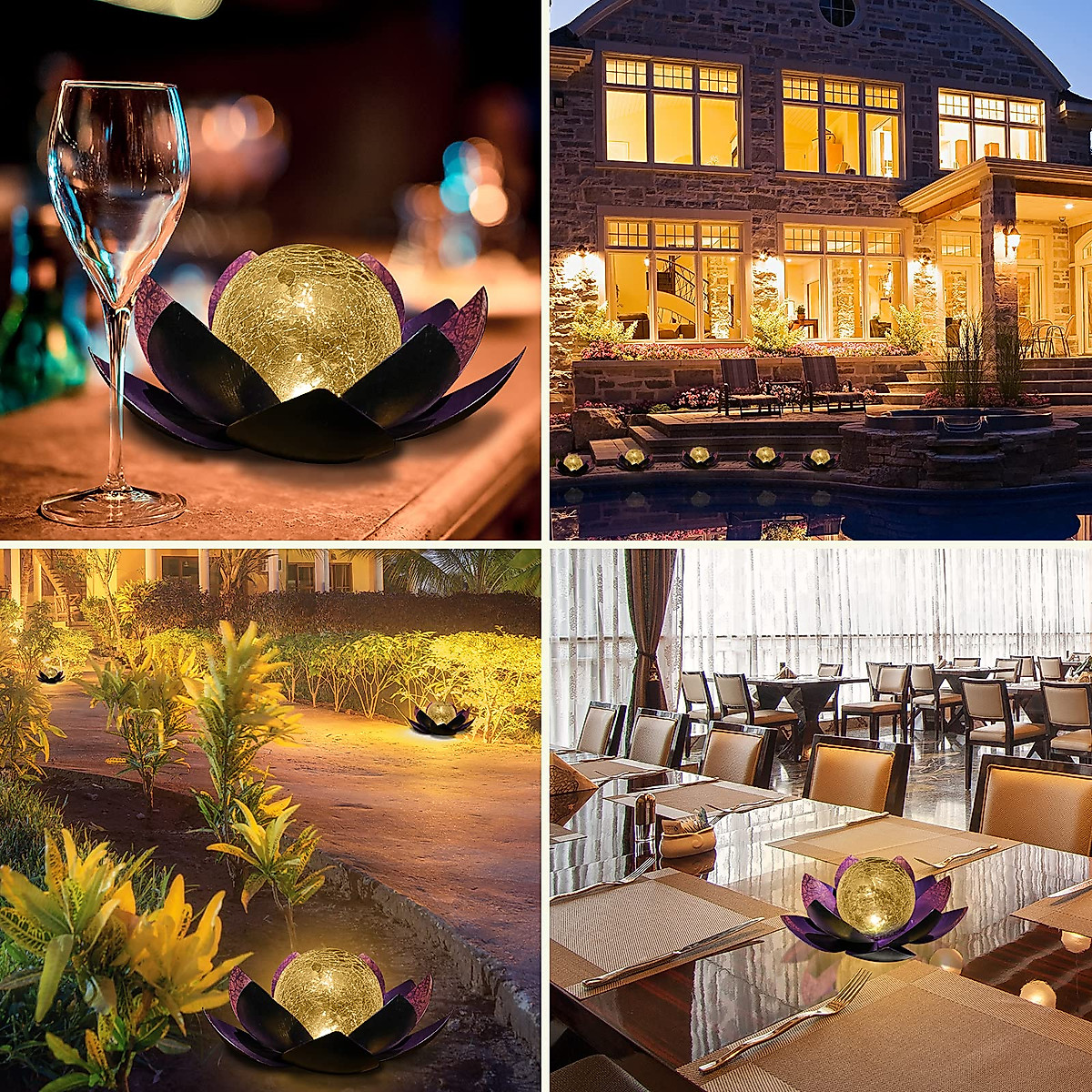 QZZP Solar Lights Outdoor Garden Decor,Crackle Globe Glass Decoration,Outside Waterproof Purple Metal Lotus Flower for Pathway,Walkway,Patio,Yard,Lawn,Tabletop,Ground