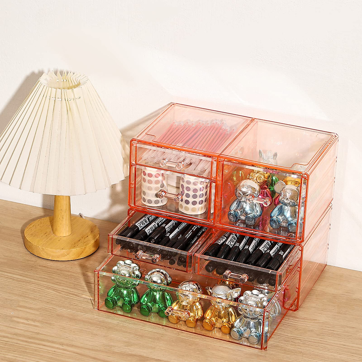 Cq acrylic Stackable Bathroom Storage with Pull Out Bin Organizer Drawer for Cabinet,Vanity,Shelf,Cupboard,Cabinet or Closet Organization Pink 3 Drawers