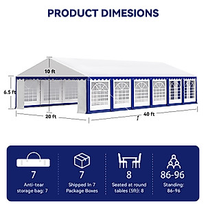 PHI VILLA 40 ft. x 20 ft. Large Outdoor Canopy Wedding Party Tent with Removable Side Walls & 7 Storage Bags, White with Blue Stripes
