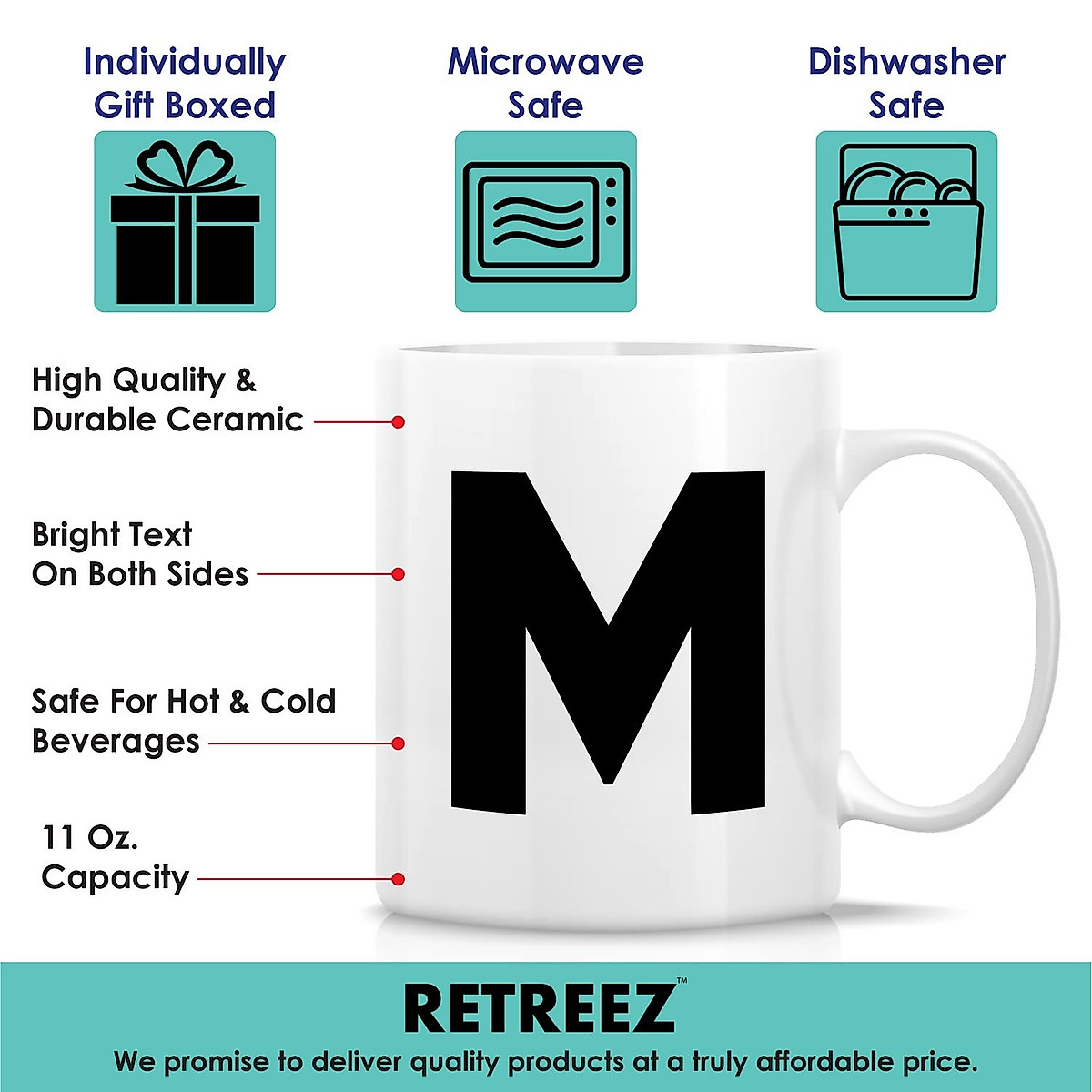 Retreez Initial A-Z Alphabet Monogrammed Monogram Mug 11 Oz Ceramic Tea Coffee Mugs - Graduation Appreciation Thank You Holiday Birthday Gifts for her friend coworker mother father sister - M Initial