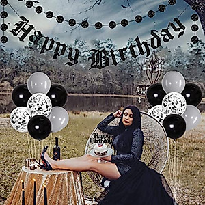 Funeral Birthday Party Decorations, Black Gothic Birthday Decorations - Old English Happy Birthday Glitter Banner, Cake Topper, Tissue Pom Poms, Black Circle Dot Garland and Balloons for Men and Women