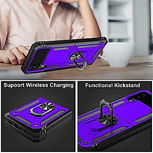 IKAZZ Galaxy Z Flip 3 Case,Samsung Z Flip 3 Cover Military Grade Shockproof Heavy Duty Protective Phone Case Pass 16ft Drop Test with Magnetic Kickstand Holder for Samsung Galaxy Z Flip 3 Purple