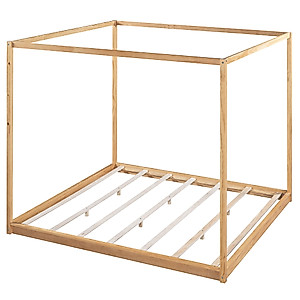 Harper & Bright Designs King Size Canopy Bed, Wood King Platform Floor Bed with Slat Support, 4 Posters King Bed Frame for Kids Teens Adults (Natural)