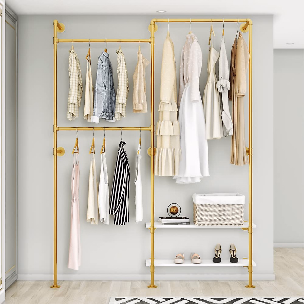 KaKaBB Gold Pipe Clothing Rack, Clothes Rack for Wardrobe, Bedroom and as walk-in Closet System, Double Hanging Rods Clothes Rack with Shelves,Heavy Duty Clothes Rack Wall Mounted(Gold)
