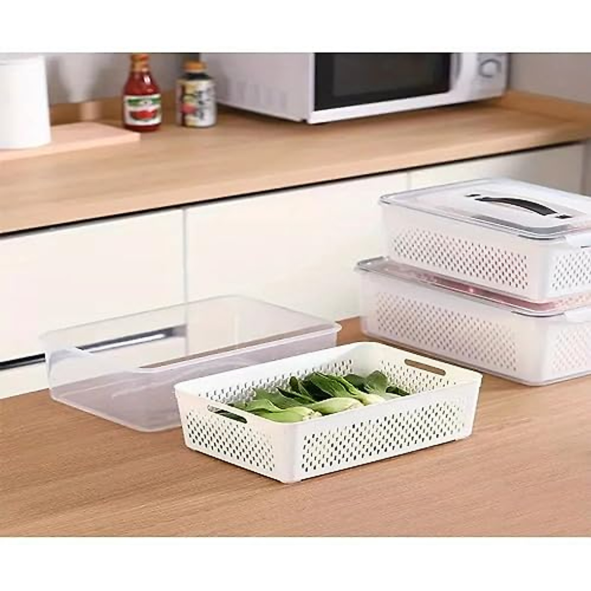Large Size Food Storage & Fresh Produce Container with Built-in Removable Strainer - Fresh Produce Saver - BPA-Free, Leak-Proof Lid (Large)
