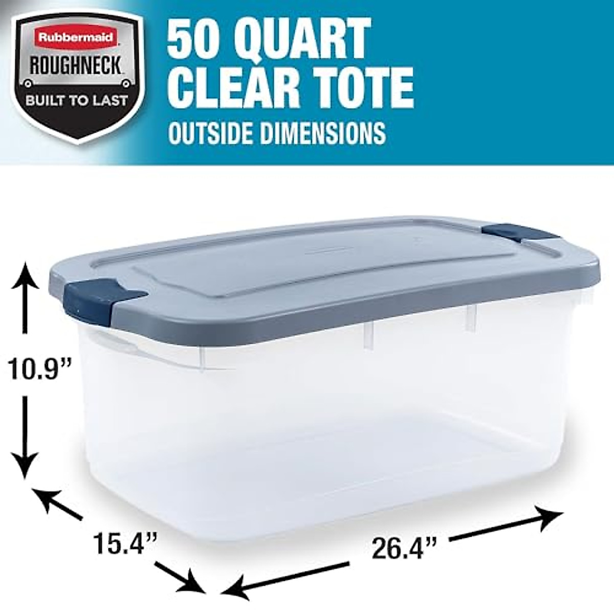 Rubbermaid Roughneck Clear Storage Container, 50 qt., Clear Base, Grey and Blue Lid, Pack of 5 (1785784)