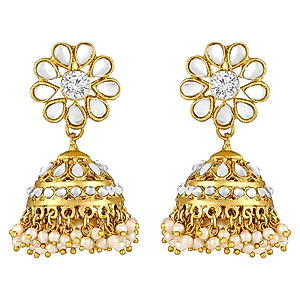 Aheli Elegant Indian Traditional Wedding Wear Kundan Pearl Encrusted Choker Necklace Set with Jhumki Earrings Ethnic Bollywood Party for Women (White)