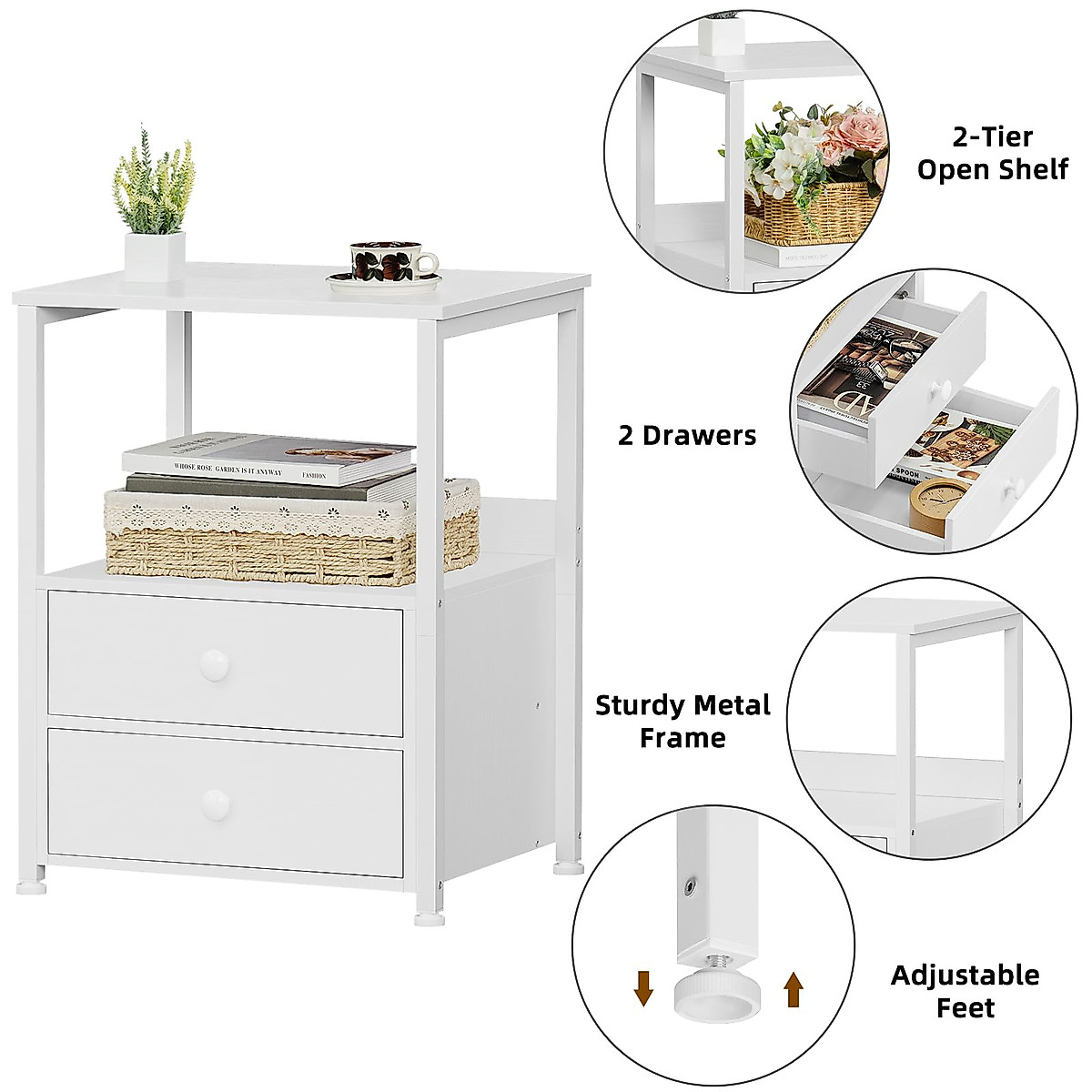 Lerliuo Nightstand, Industrial Bed Side Table with 2 Drawers Storage Open Shelf, Sturdy End Table with Steel Frame, Night Stand for Bedroom, Living Room, Elegant White