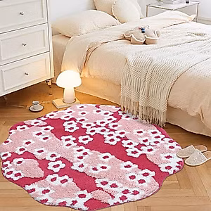 USTIDE Moss Area Rug, Floral Shape Area Rugs Super Fluffy and Washable Carpet Anti-Slip Round Farmhouse Floor Mat Multi-Colored Rug for Bedroom Playroom Kitchen Decor (Pink,39.3’’)