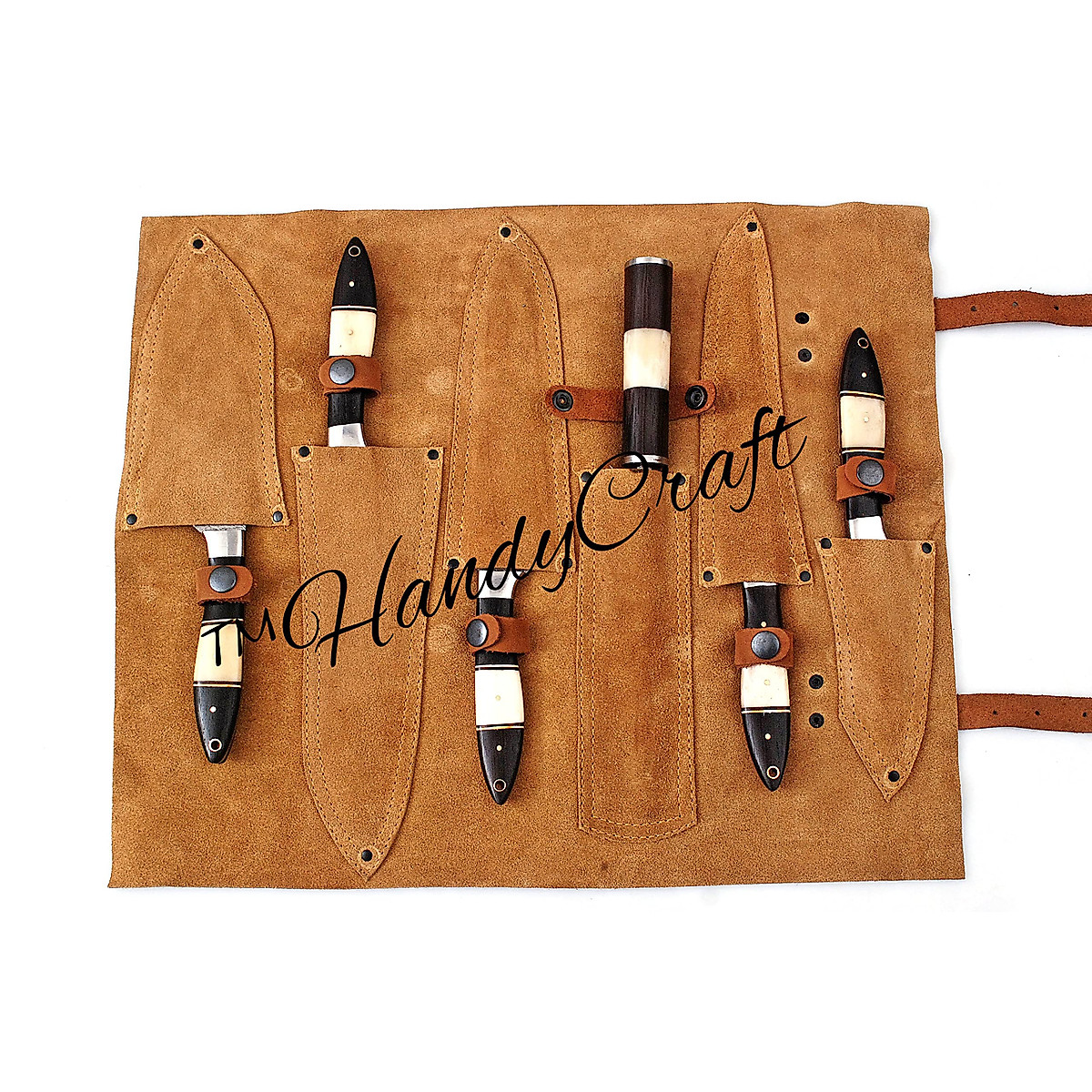 HandyCrafts Hk71 Damascus Chef knife set of 6 pieces Professional utility japanese style BBQ Steel with Black American wood and Camel Bone Leather Sheath Cover, HC71, Black/White, 11 x 3 x 2 inches