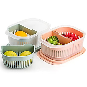 Hiceeden Set of 3 Produce Saver Containers for Fridge, Plastic Fruit Vegetable Storage Containers with Airtight Lid & Divided Colanders, Stackable Fridge Organizer Bins for Lettuce, Berry, Avocado