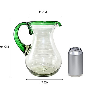 MAREY Mexican Glass Pitcher for Water | Blown Glass | Artisan Handcrafted from Mexico (Green Rim, 77 Fl. Oz.)