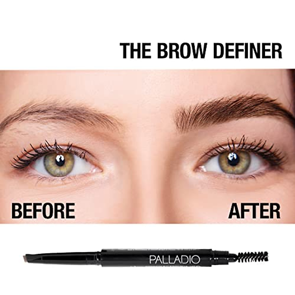 Palladio Brow Definer Retractable Pencil, Triangular Tip Fills Brows for a Natural Look, Tame and Shape Eyebrows with Spoolie Brush, Eyebrow Shaper, Buildable Light to Dark Colors, (Taupe)