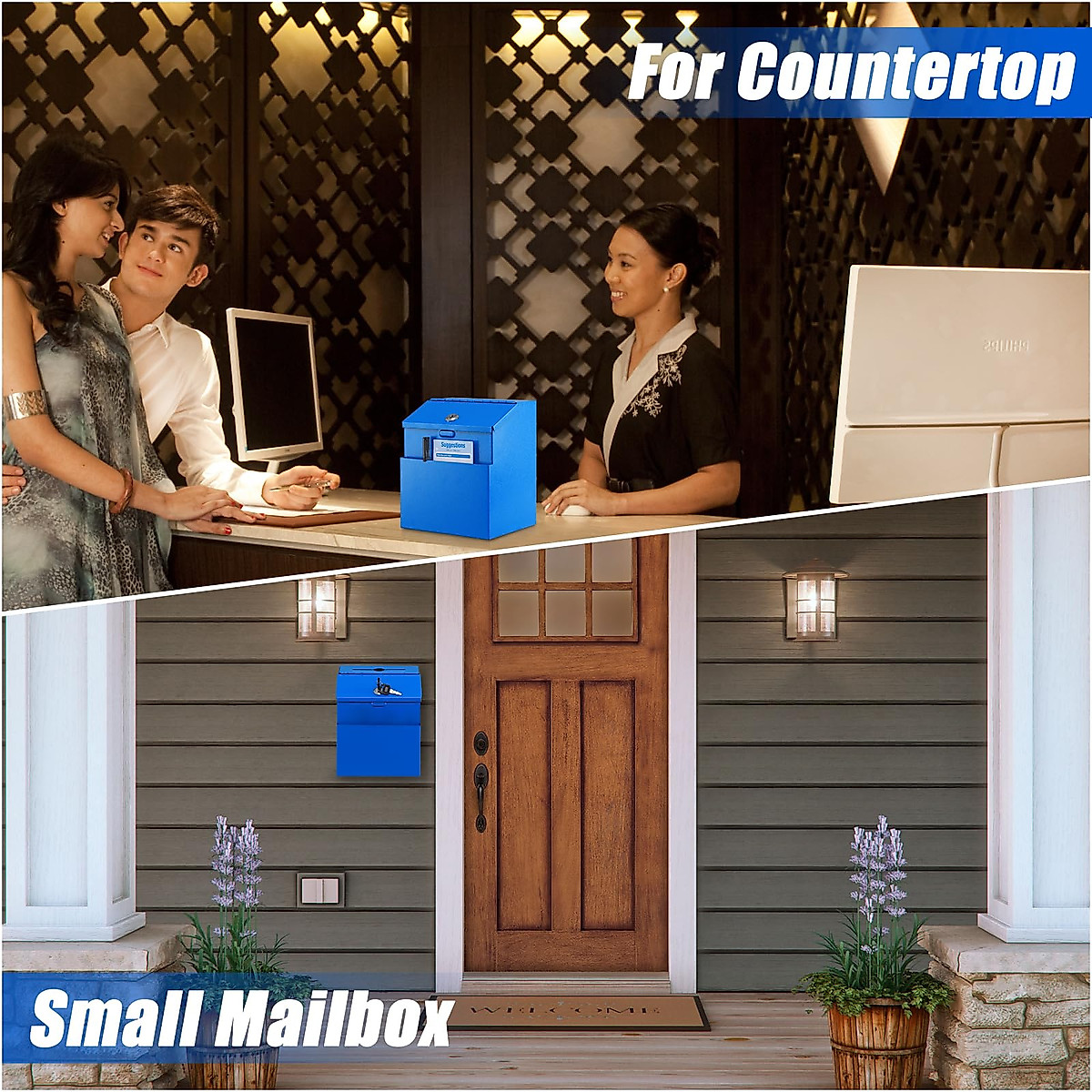 KYODOLED Suggestion Box with Lock and 50 Free Suggestion Cards, Metal Wall Mounted Ballot Box, Donation and Collection Key Drop Box with Slot & 2 Keys, 8.5H x 5.9W x 7.3L Inch, Blue