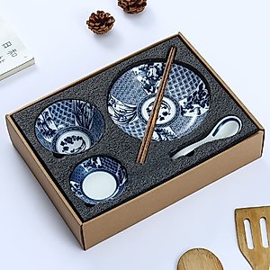 Gegong Blue and White Porcelain Dinnerware Set, Dishes, Bowl, Spoon, Chopsticks, Service for 1, Colorful Glazed Ceramic Set, Gift Box Packaging (Plum, Orchid, Bamboo and Chrysanthemum)