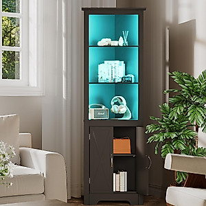 ChooChoo Tall Corner Storage Cabinet with LED Lights, 5-Tier Corner Bookshelf Stand with Barn Doors, 66.9" Gothic Corner Display Cabinet with Adjustable Shelf for Living Room, Gaming Room, Black