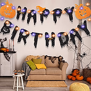 Enhon Halloween Birthday Party Decorations, Happy Birthday Banner with Orange and Purple String Lights, Lighted Spooky Themed Party Supplies for Indoor Outdoor Front Door Garden Golf Car Trailer Decor
