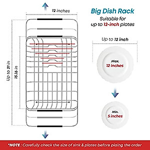 KESOL Over The Sink Drying Rack, Expandable Dish Rack with 2 Utensil Holders (1 Plastic & 1 Steel), 304 Stainless Steel Drying Rack for Kitchen Sink with Anti-Scratch Base, Rustproof Dish Drainer