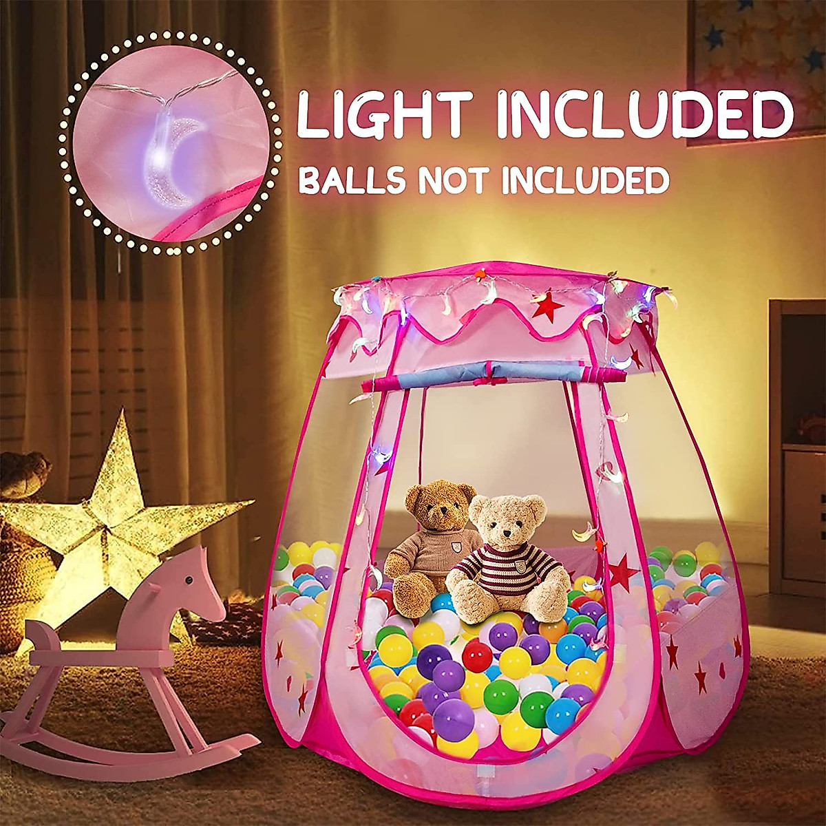 Pricess Tent, Kids Pop Up Tent with Star Light and Clip, Foldable Kids Princess Castle Playhouse Tent Indoor for Girls,Pink Indoor Outdoor 1 2 3 Year Old Girls Toy Gift for Birthday/Christmas