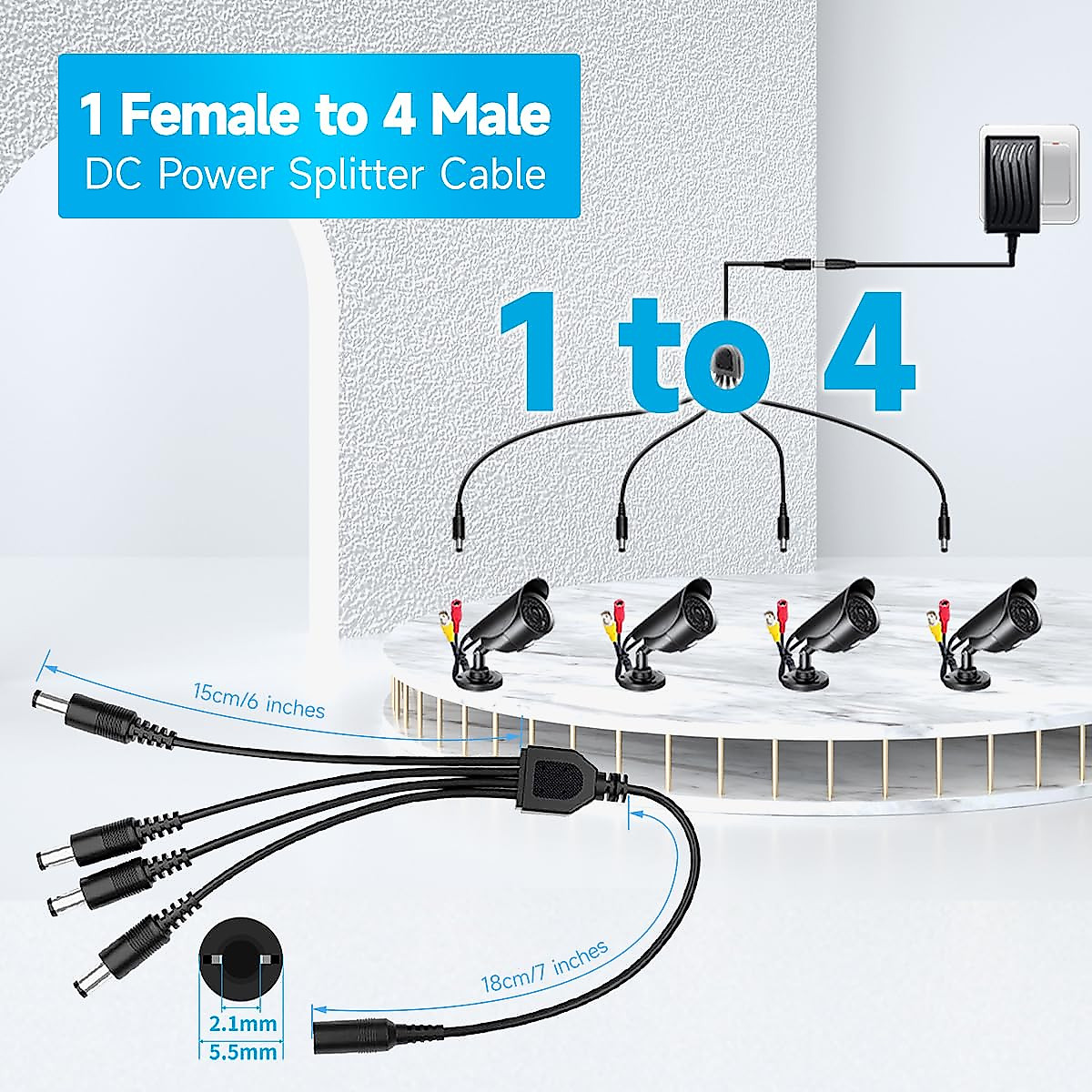 Power Adapter AC 100-240V to DC 12V 2A (2000mA) & 4-Way Power Splitter Cable for CCTV Security Camera/DVR/NVR/LED Strip Lights, UL/FCC/CE Certificated
