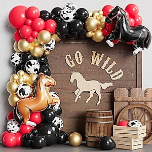 Western Cowboy Balloons Arch Garland Kit, 131PCS Red Black Gold Cow Print Balloons with 30 Inch Large Horse Foil Balloons for Horse Racing Kentucky Derby Day Birthday Party Decorations