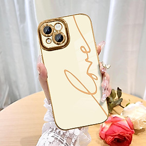Fiyart Designed for iPhone 15 Plus Case Cute Love Plating for Women Girls with Screen Protector Camera Protective Luxury Electroplated TPU Phone Cover for iPhone 15 Plus 6.7 -White