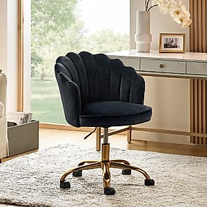 HULALA HOME Velvet Home Office Desk Chair, Modern Shell Back Makeup Vanity Chair with Wheels, Swivel Height Adjustable Cute Task Chair for Women Girls, Black
